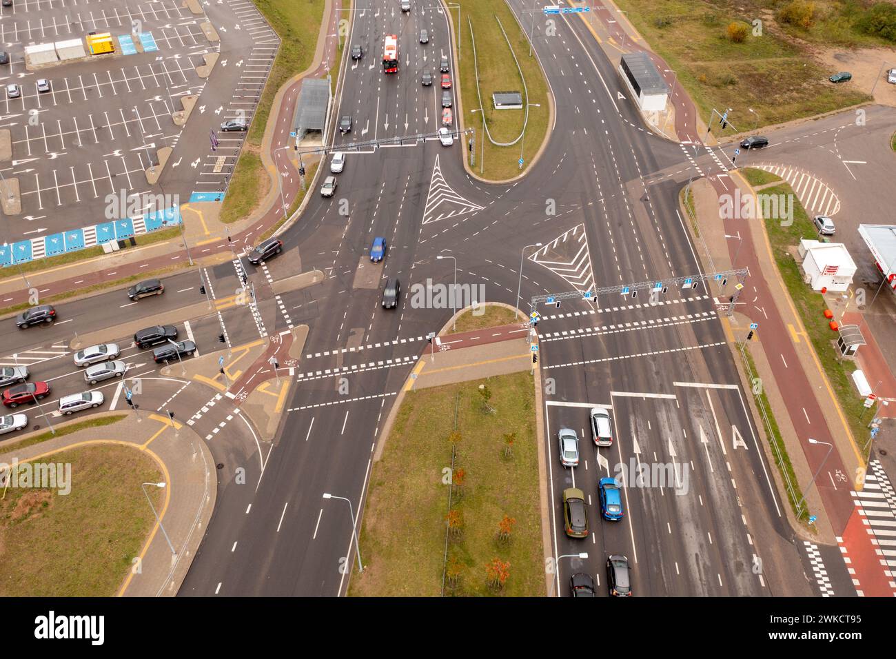 Drone photography of multiple lane intersection with traffic during ...