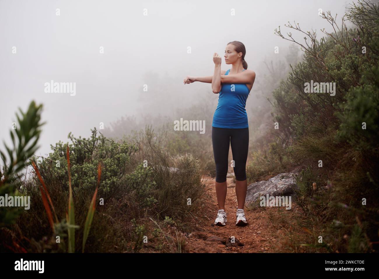 Fitness, woman and stretching arms in nature, wellness or sports with ...