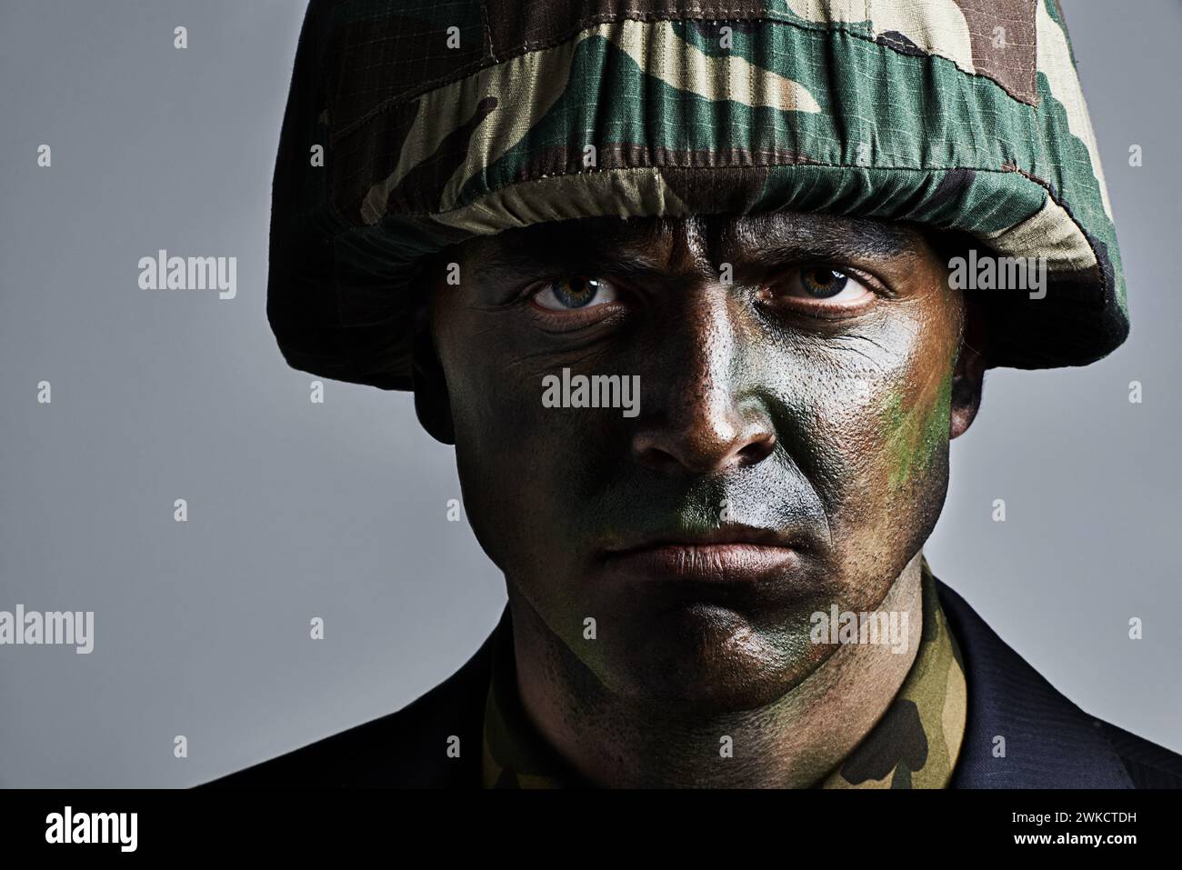 Man, portrait and soldier with camouflage for military war or battle on ...