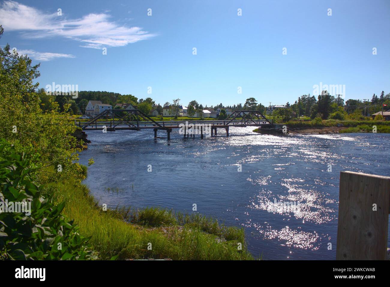 A scenic view of a blue river with lush vegetation and houses in Port ...