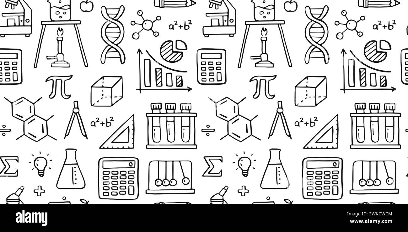 Education doodle seamless pattern. Science line hand drawn elements ...