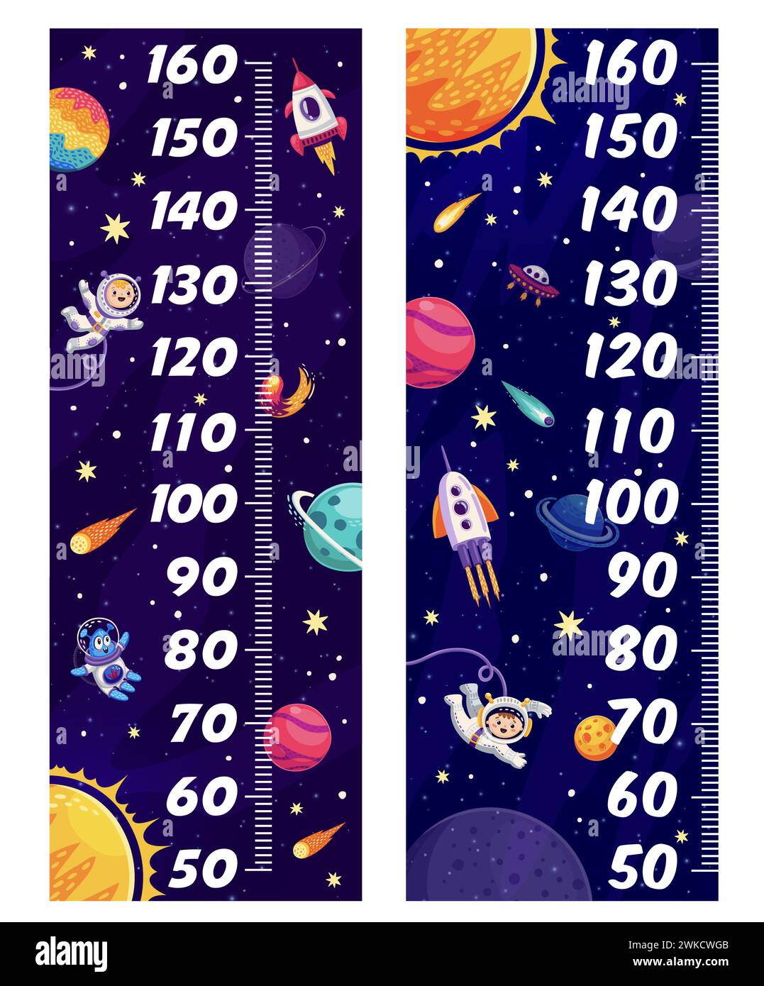 Kids height chart rulers with galaxy space planets, stars, spaceships ...