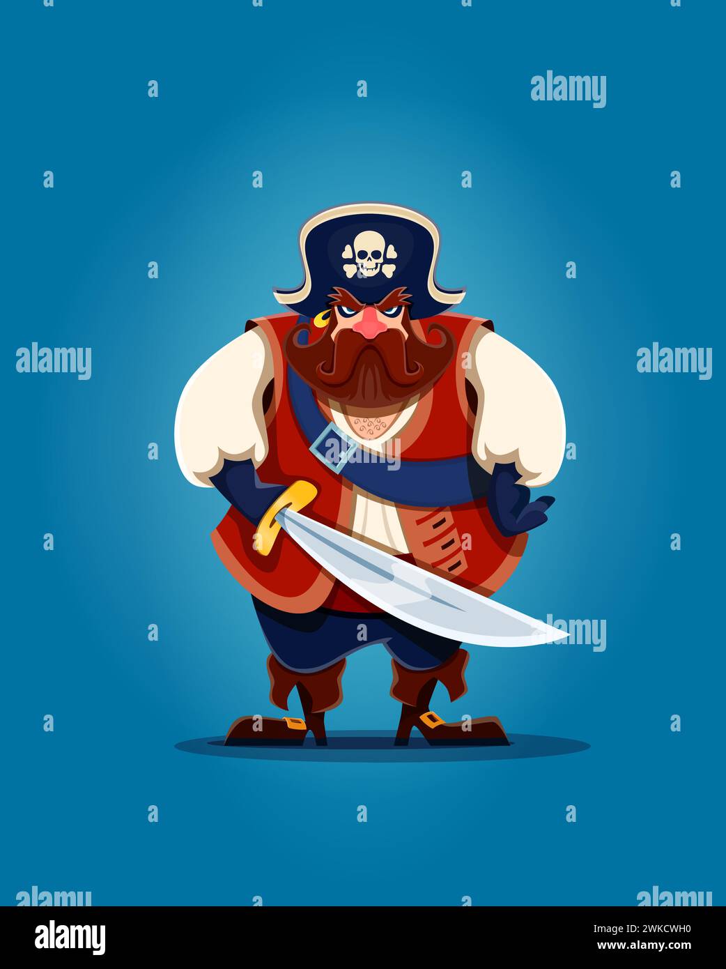 Cartoon pirate captain corsair sailor character with long sword, black tricorn hat and gloves ...