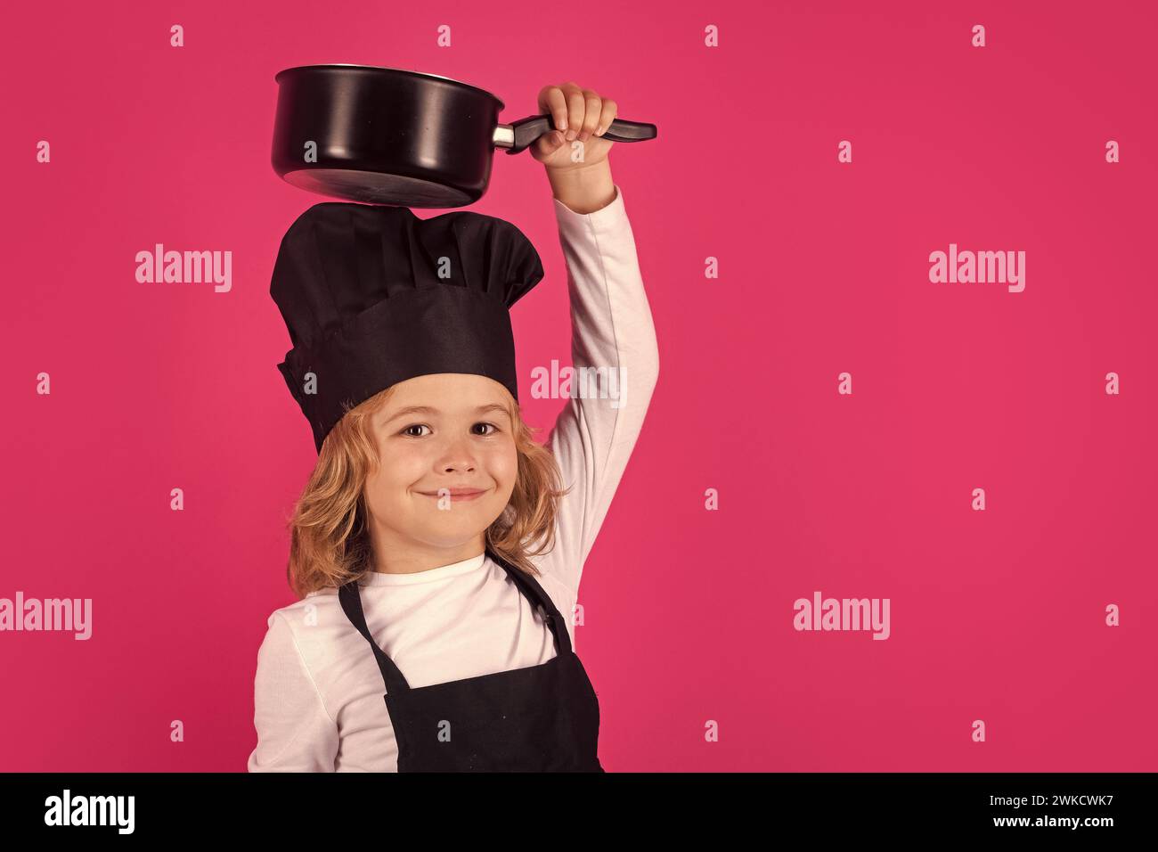 Kid chef cook with cooking pot. Child chef cook, studio portrait. Kids ...