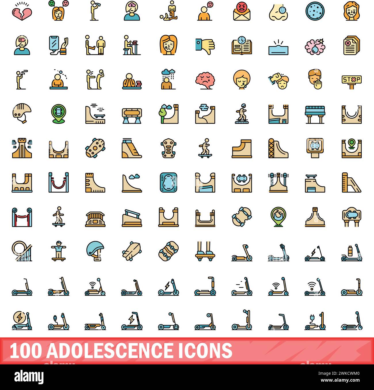 100 adolescence icons set. Color line set of adolescence vector icons ...