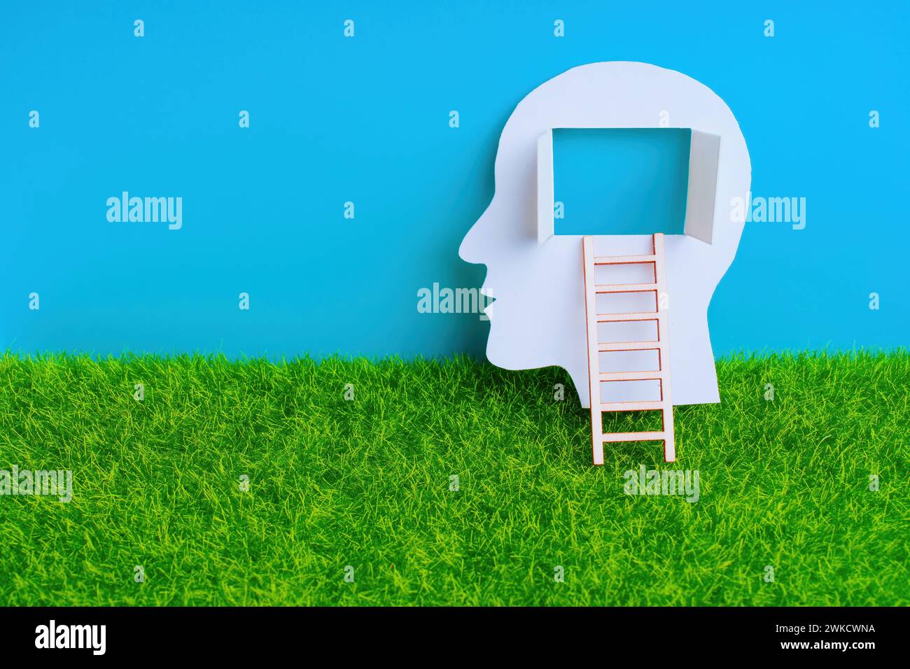 Male head paper cutout with a wooden ladder leading to the open window ...