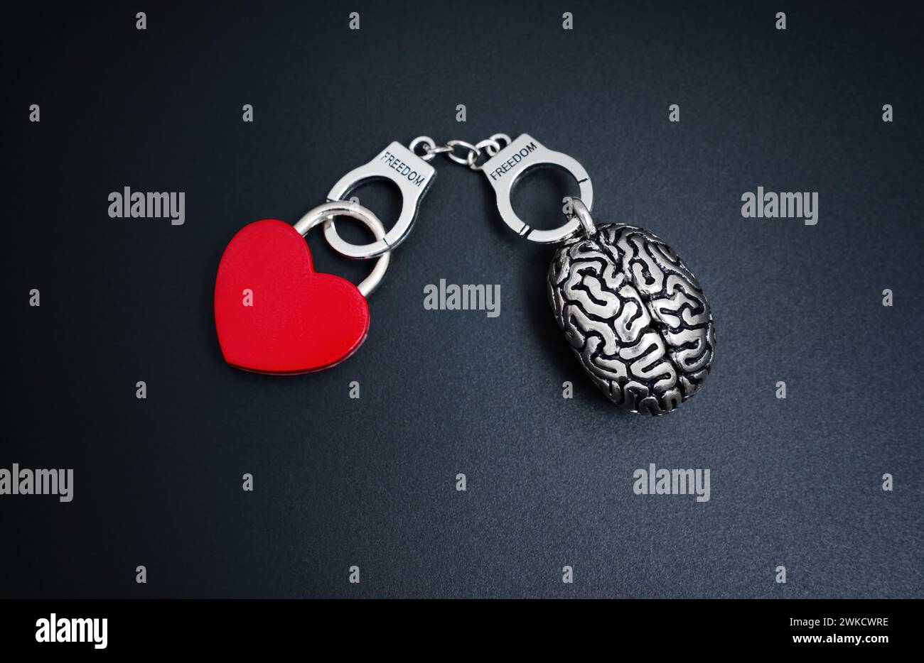Close-up view of a detailed steel replica of a human brain linked by ...