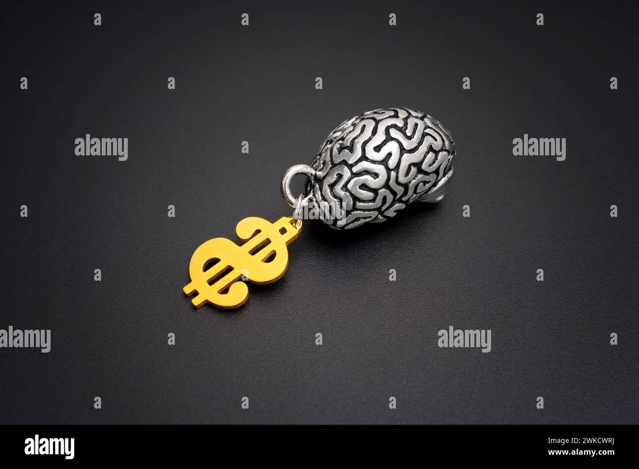Steel replica of the human brain adorned with a golden dollar sign, set ...