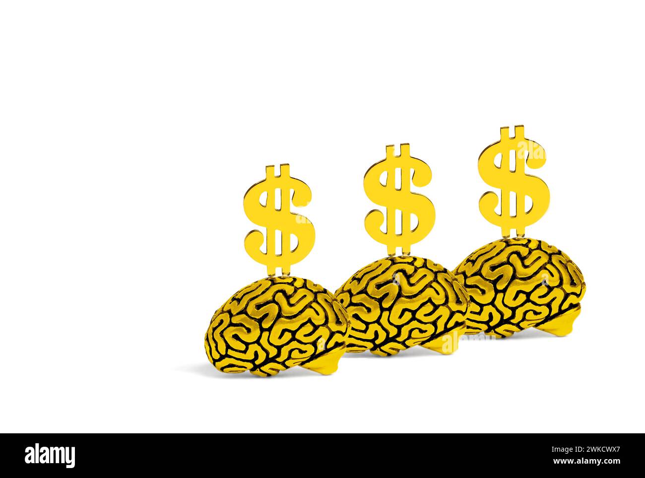Group of three gold human brain models with prominent dollar signs on ...