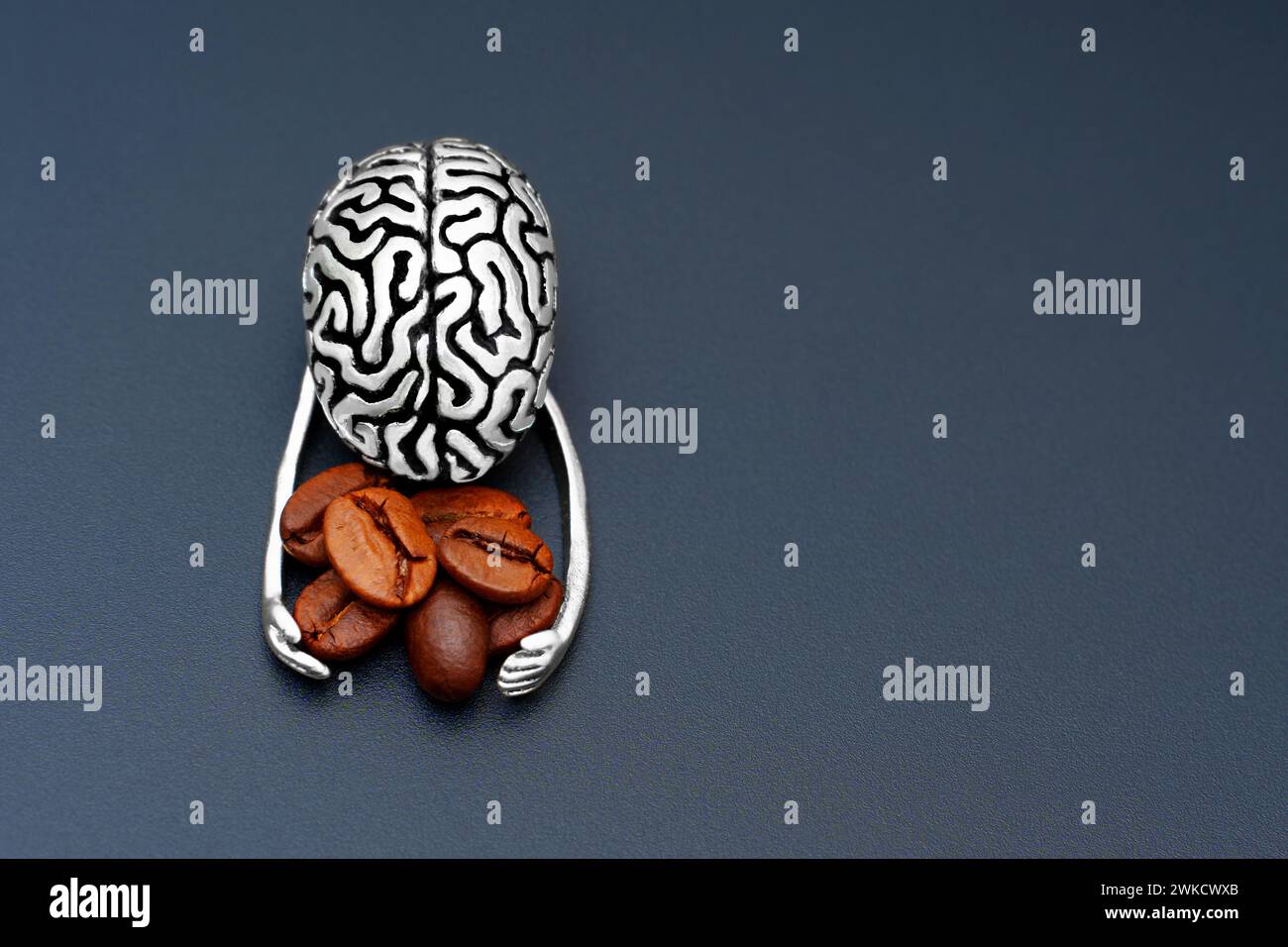 Anatomical human brain model tenderly gathering roasted coffee beans ...
