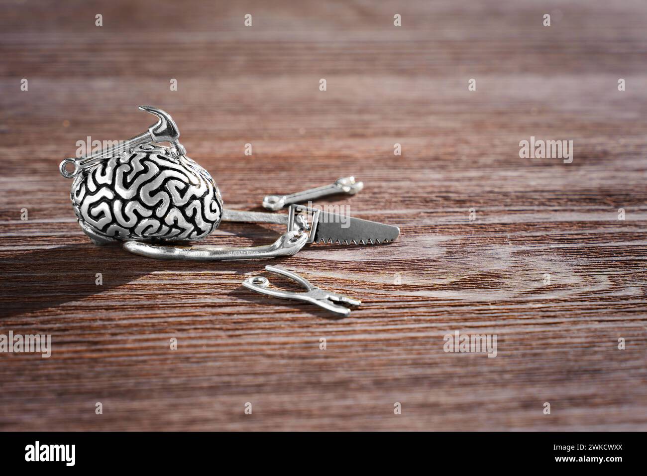 Human brain model skillfully using miniature hand tools – a saw, hammer ...