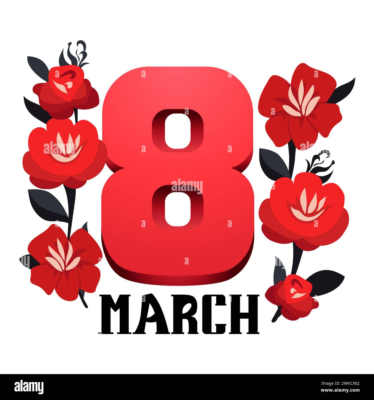 Vector colorful handwriting red text with flowers by 8 march. Number ...