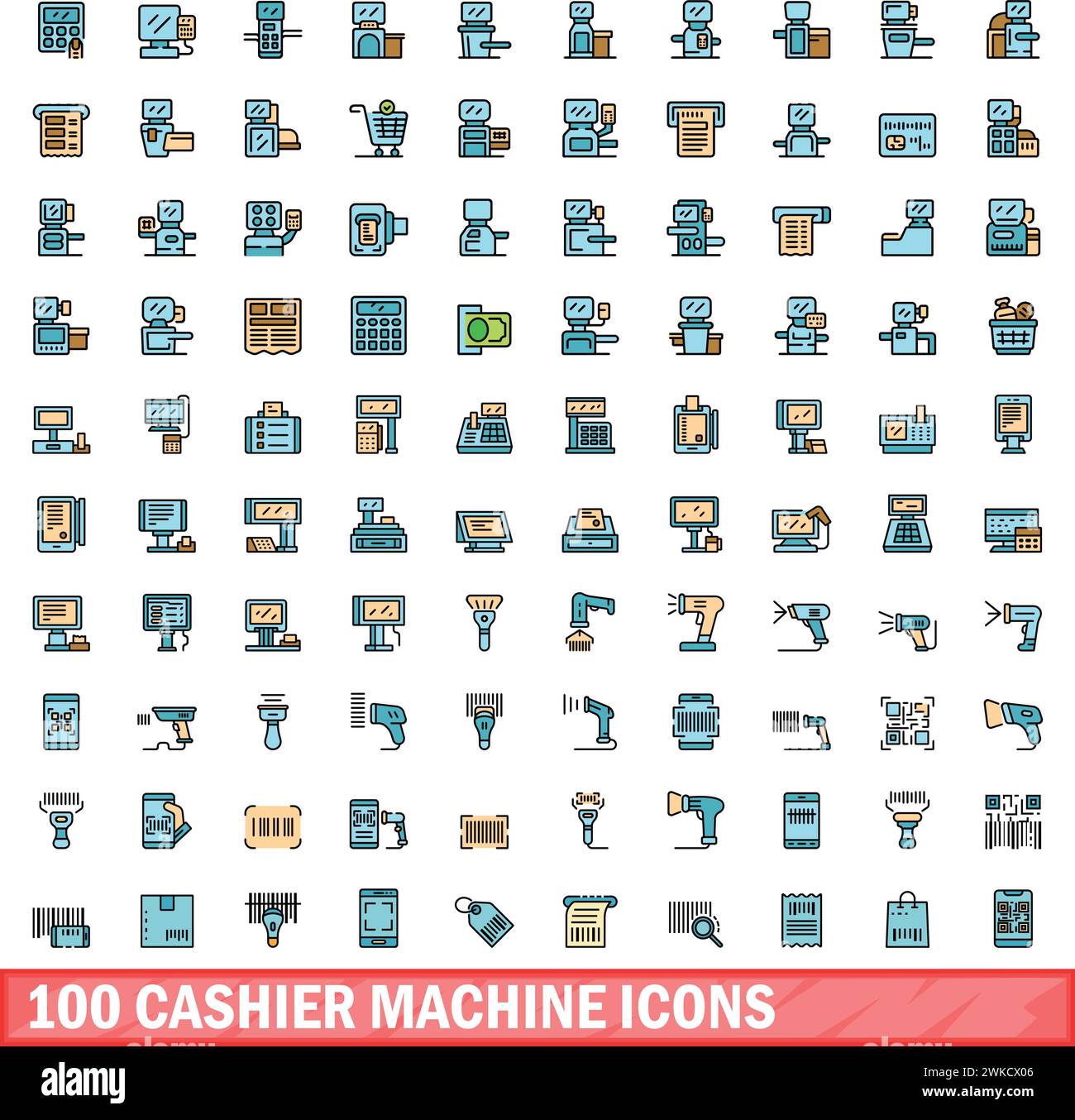100 cashier machine icons set. Color line set of cashier machine vector ...
