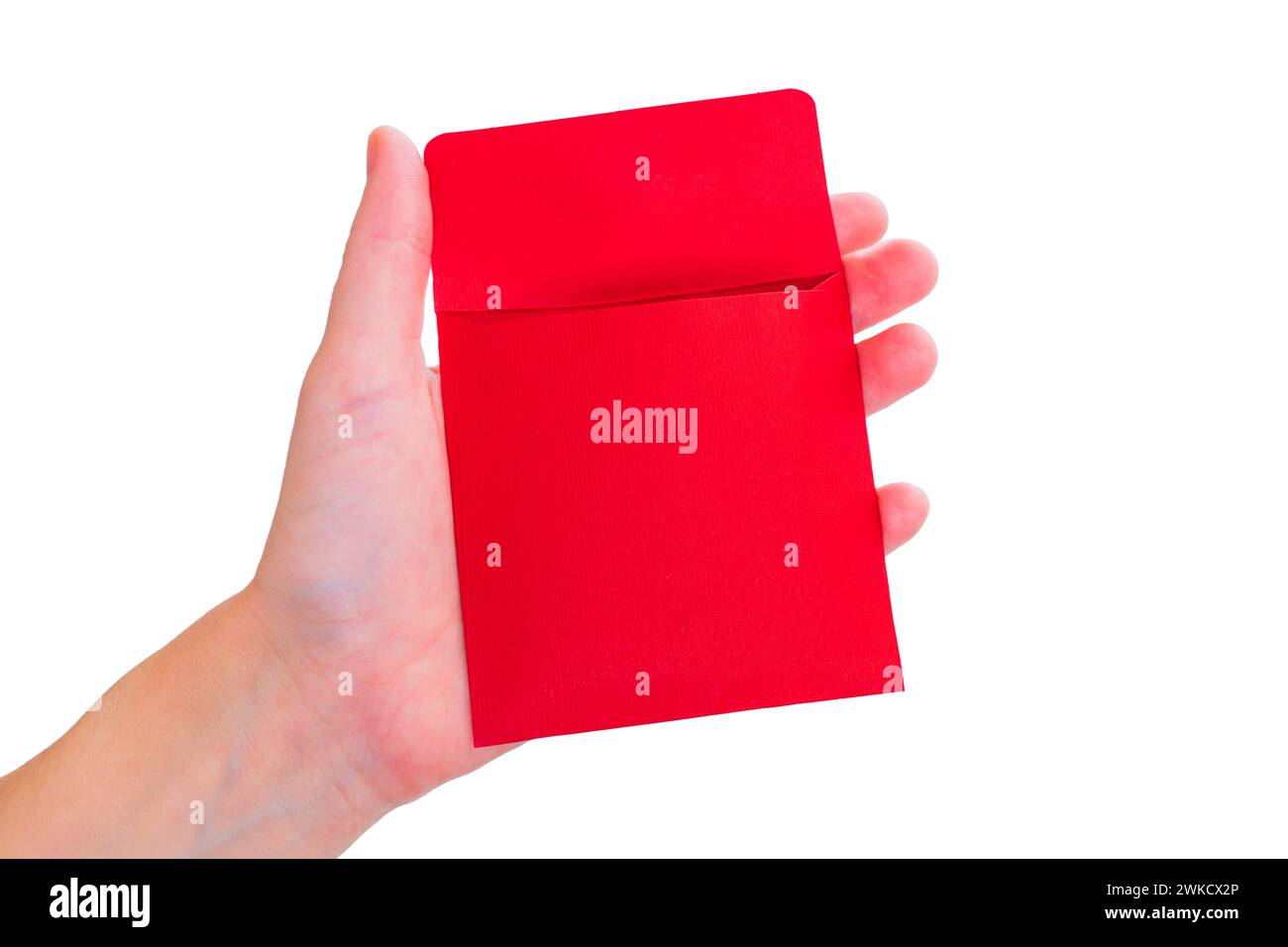 Hand holds an open red envelope made from designer cardboard set ...