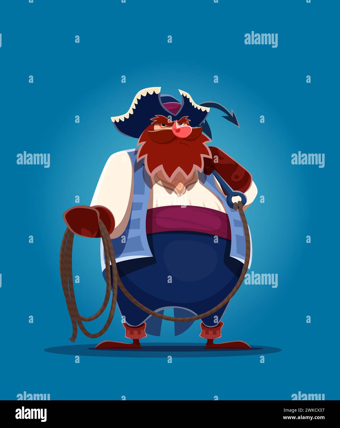 Cartoon fat pirate, corsair sailor character with grappling hook and rope. Piracy vector ...