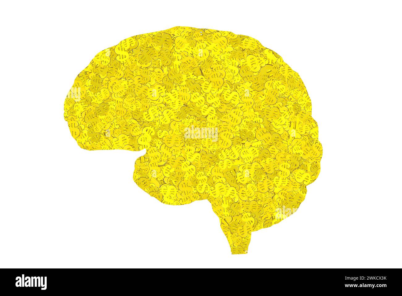 Golden dollar signs arranged into a human brain shape isolated on white ...