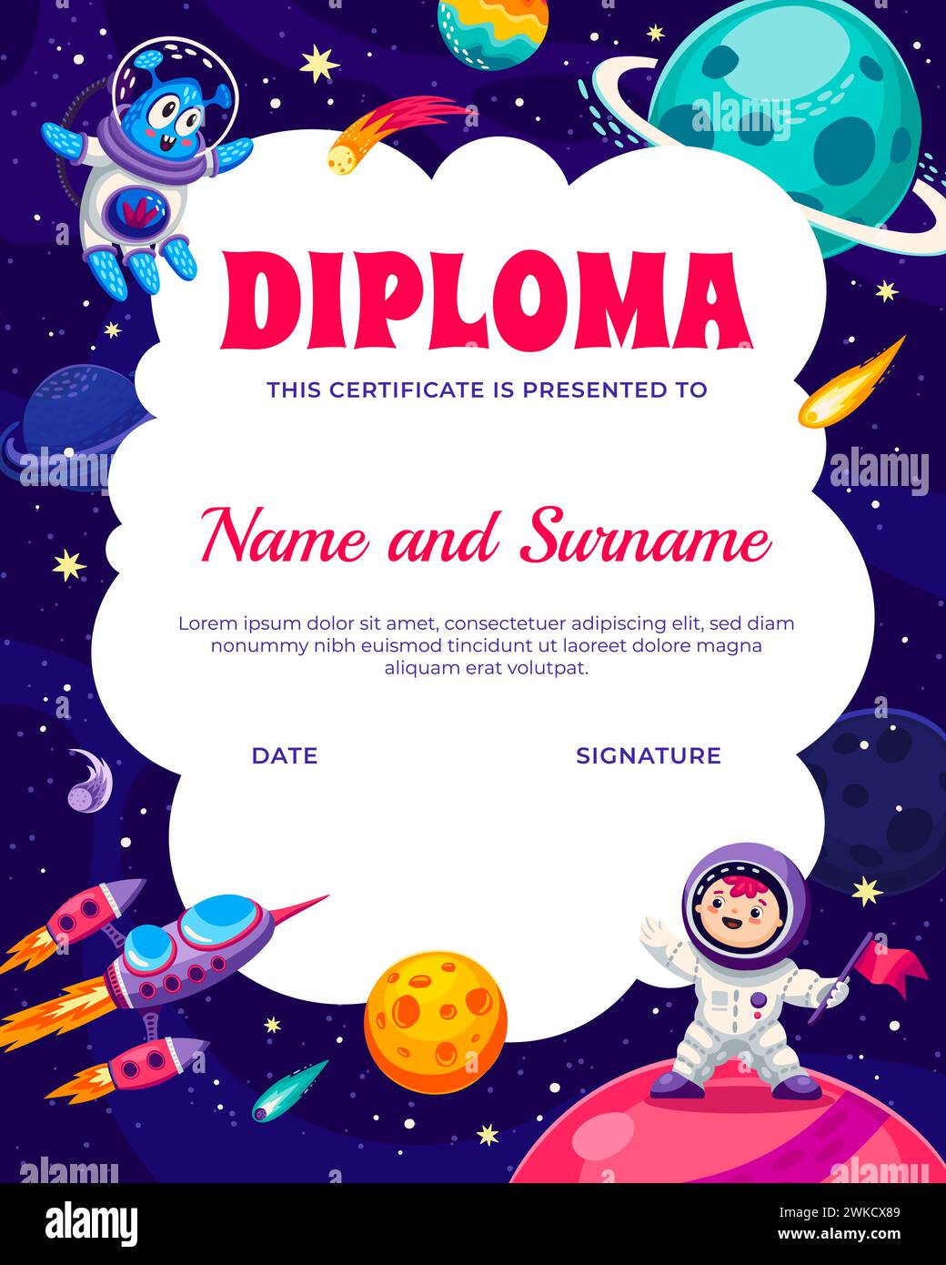 Kids diploma with spaceman boy, alien and space planets. Vector school ...