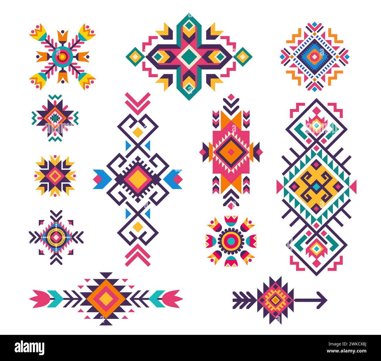 Mexican folk tribal motif patterns and ethnic color ornaments with ...