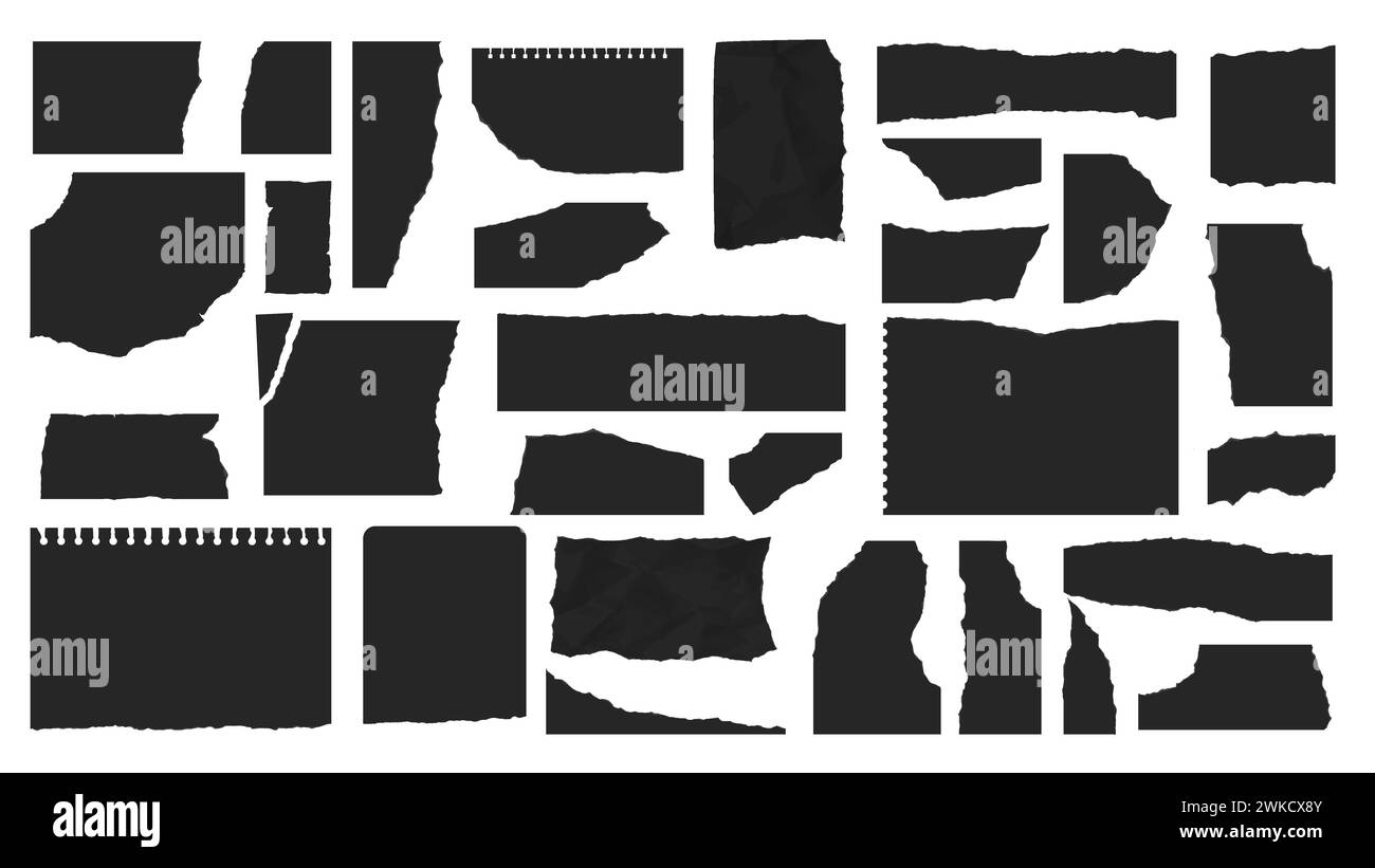 Black torn paper note, ragged shred of damaged page, tear piece, rip ...