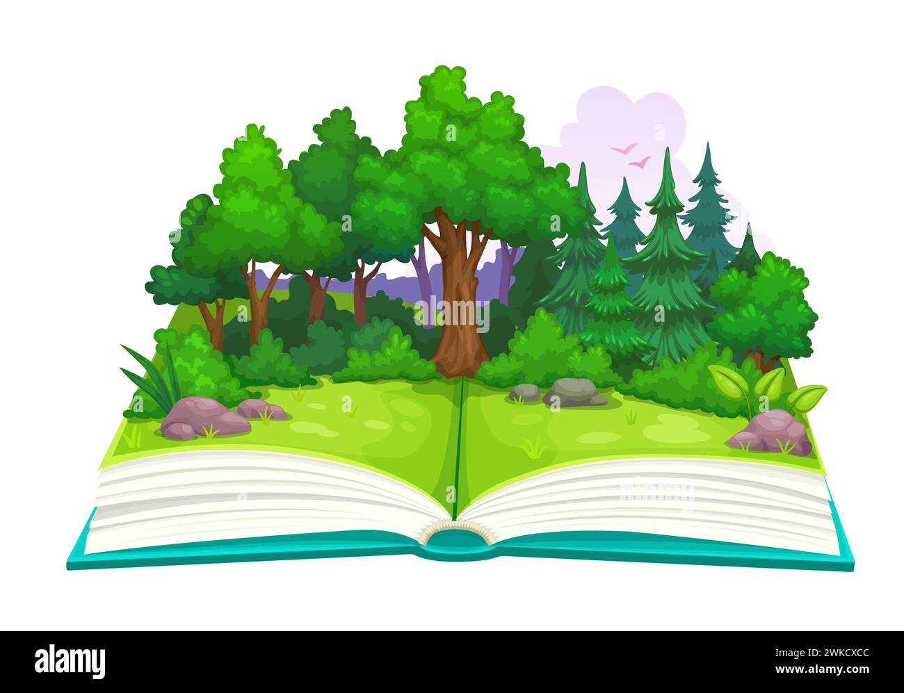 Opened book with green forest meadow and trees vector nature landscape ...