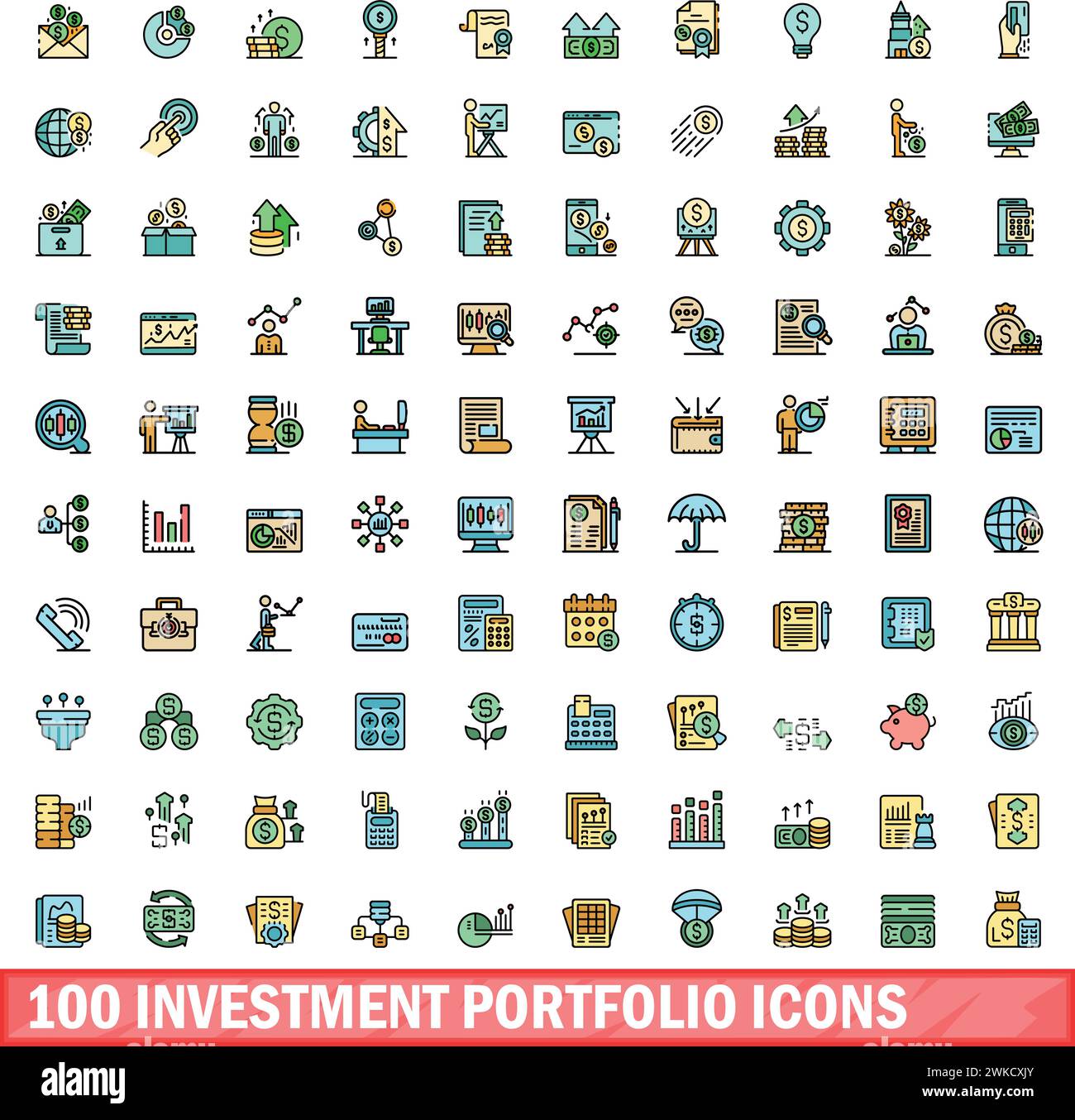 100 investment portfolio icons set. Color line set of investment ...