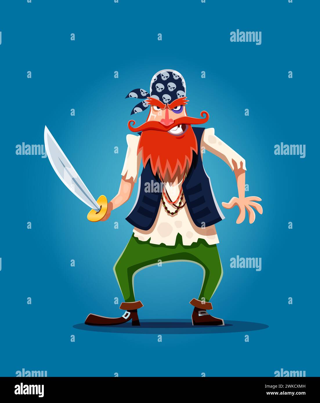 Cartoon red bearded danger pirate corsair sailor character with long saber. Angry marine robber ...