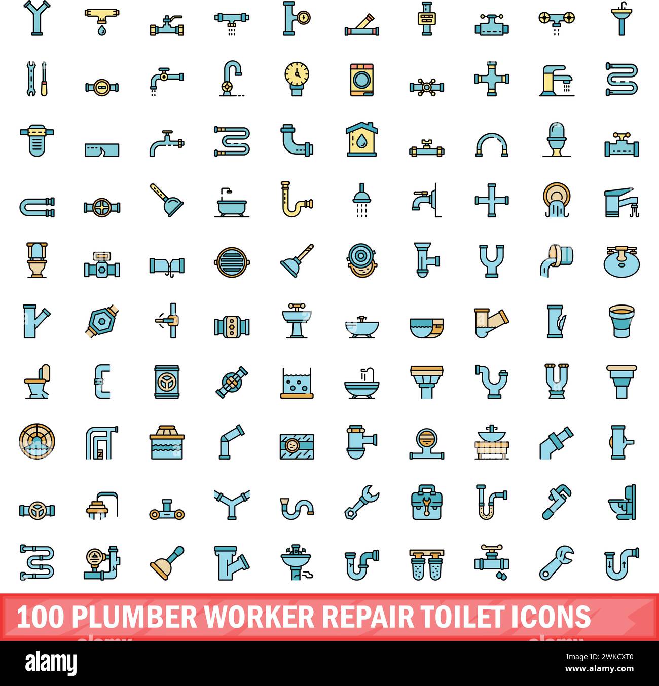 100 plumber worker repair toilet icons set. Color line set of plumber ...