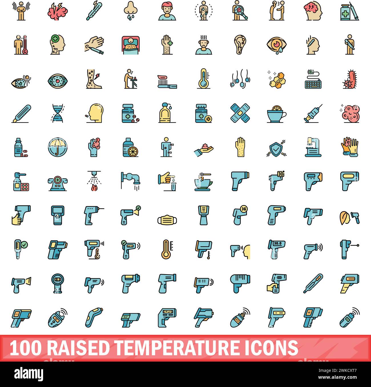 100 raised temperature icons set. Color line set of raised temperature ...