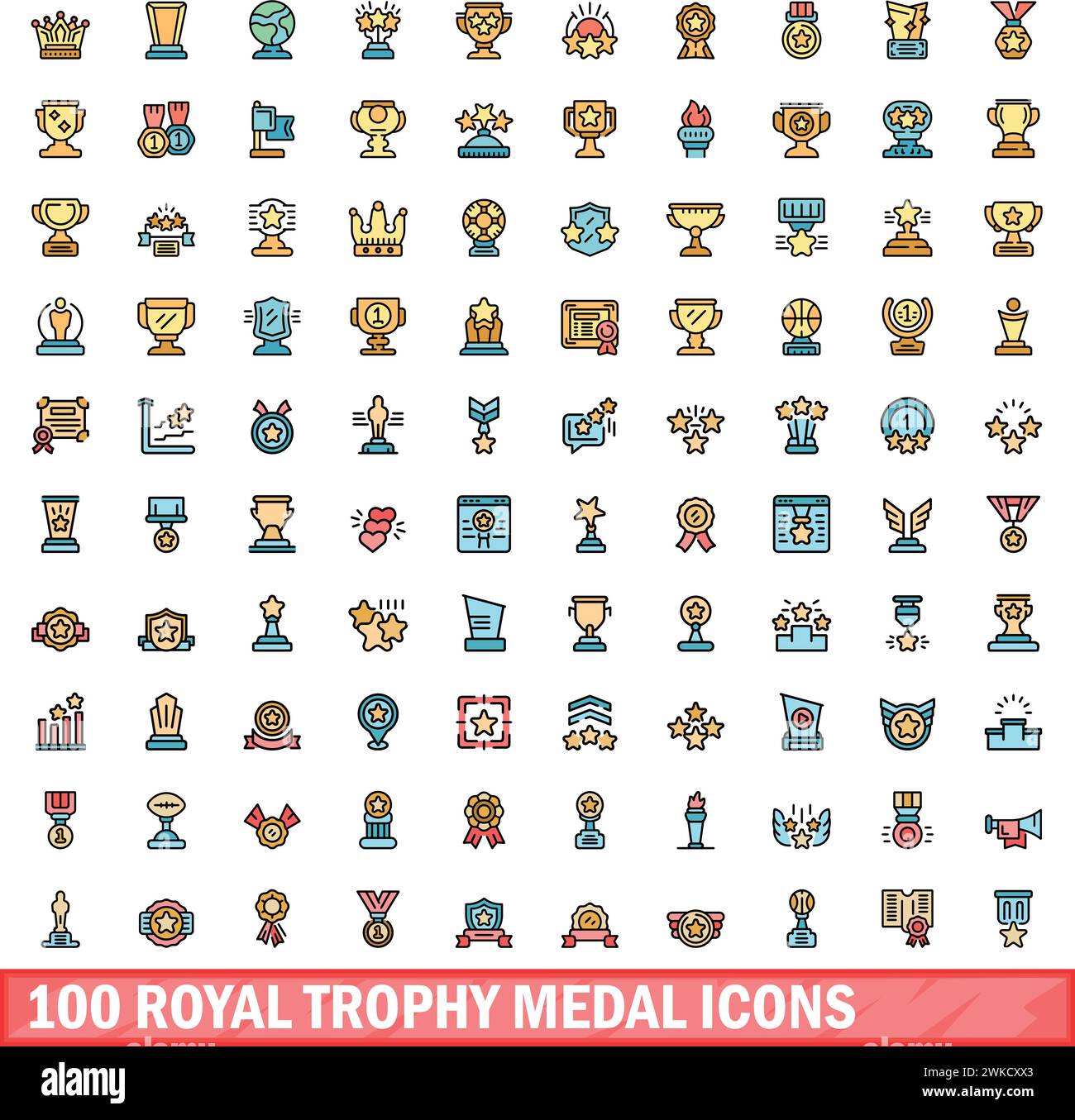100 royal trophy medal icons set. Color line set of royal trophy medal ...