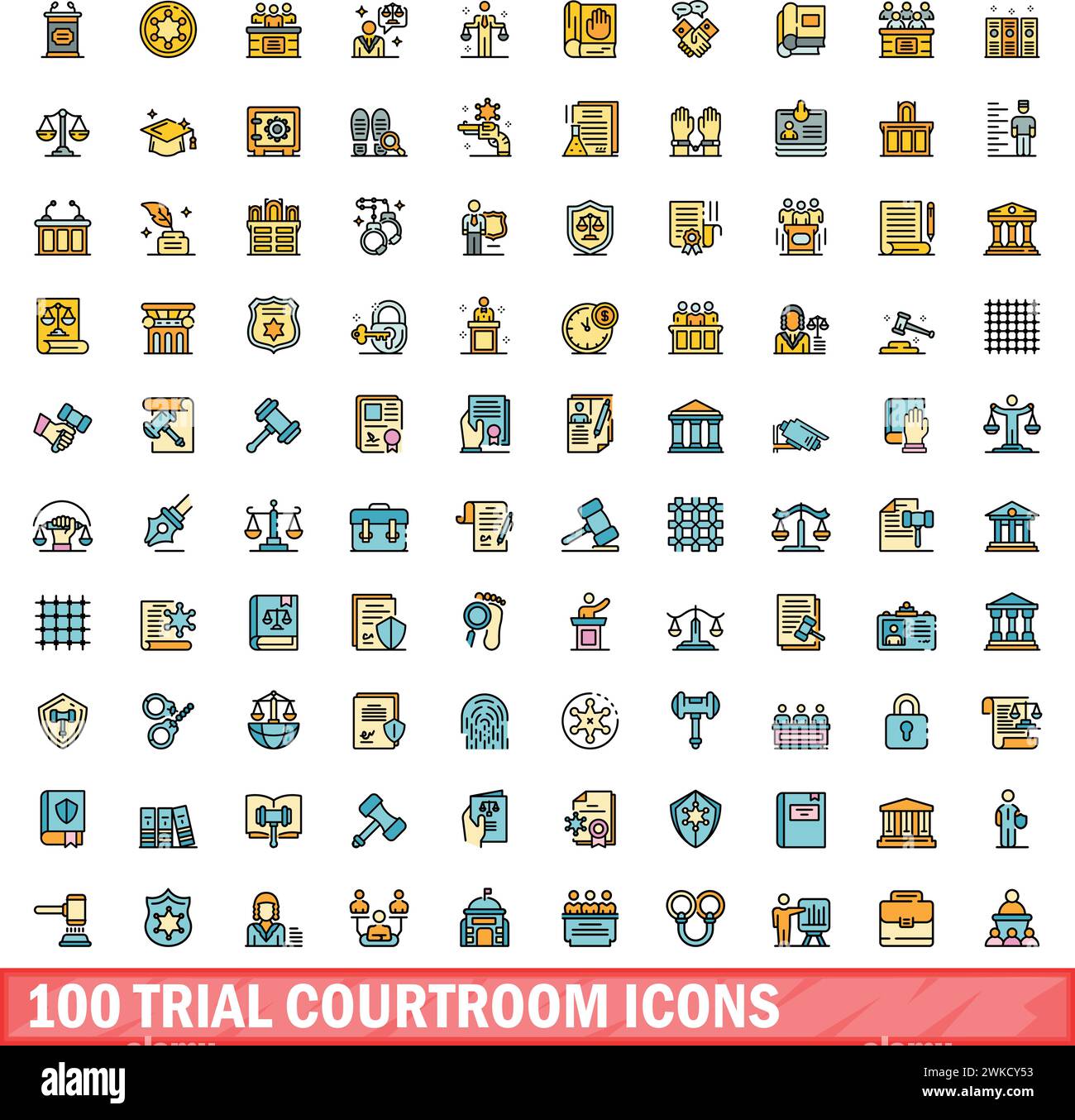 100 trial courtroom icons set. Color line set of trial courtroom vector ...