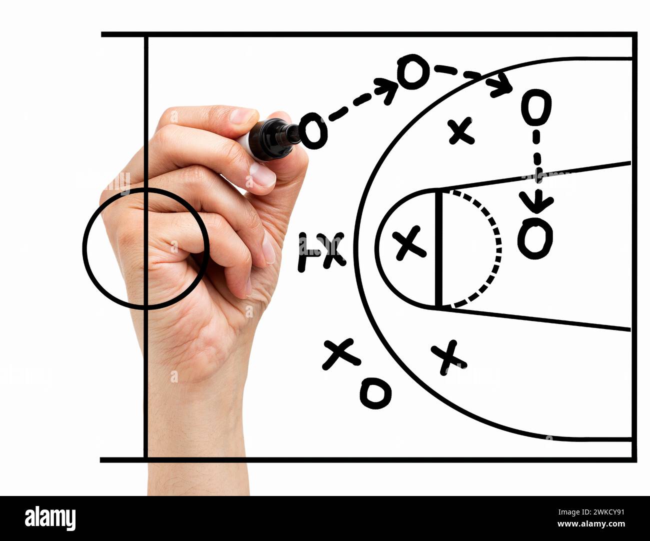 Hand drawing a basketball strategy plan drawn on a virtual screen Stock ...
