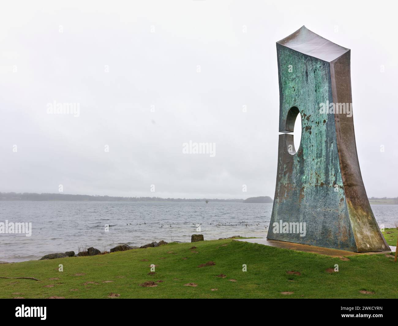 Sculpture (The Great Tower by Alexander) on the shore of Rutland lake ...