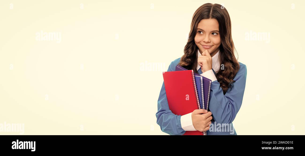 thinking face of teen girl with long curly hair hold school workbook ...