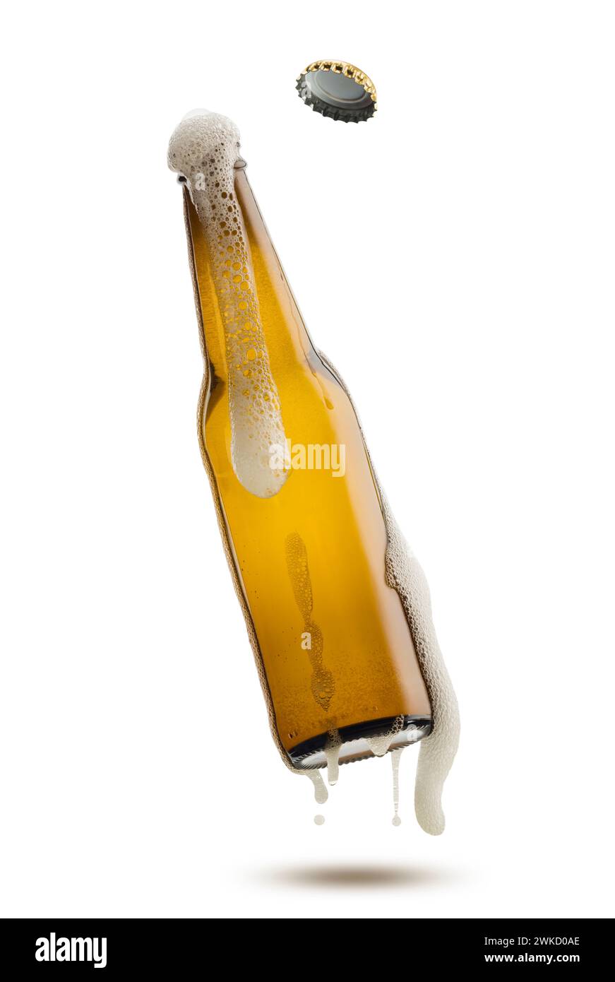 Bottle of beer jump and splash out foam, isolated on white background ...