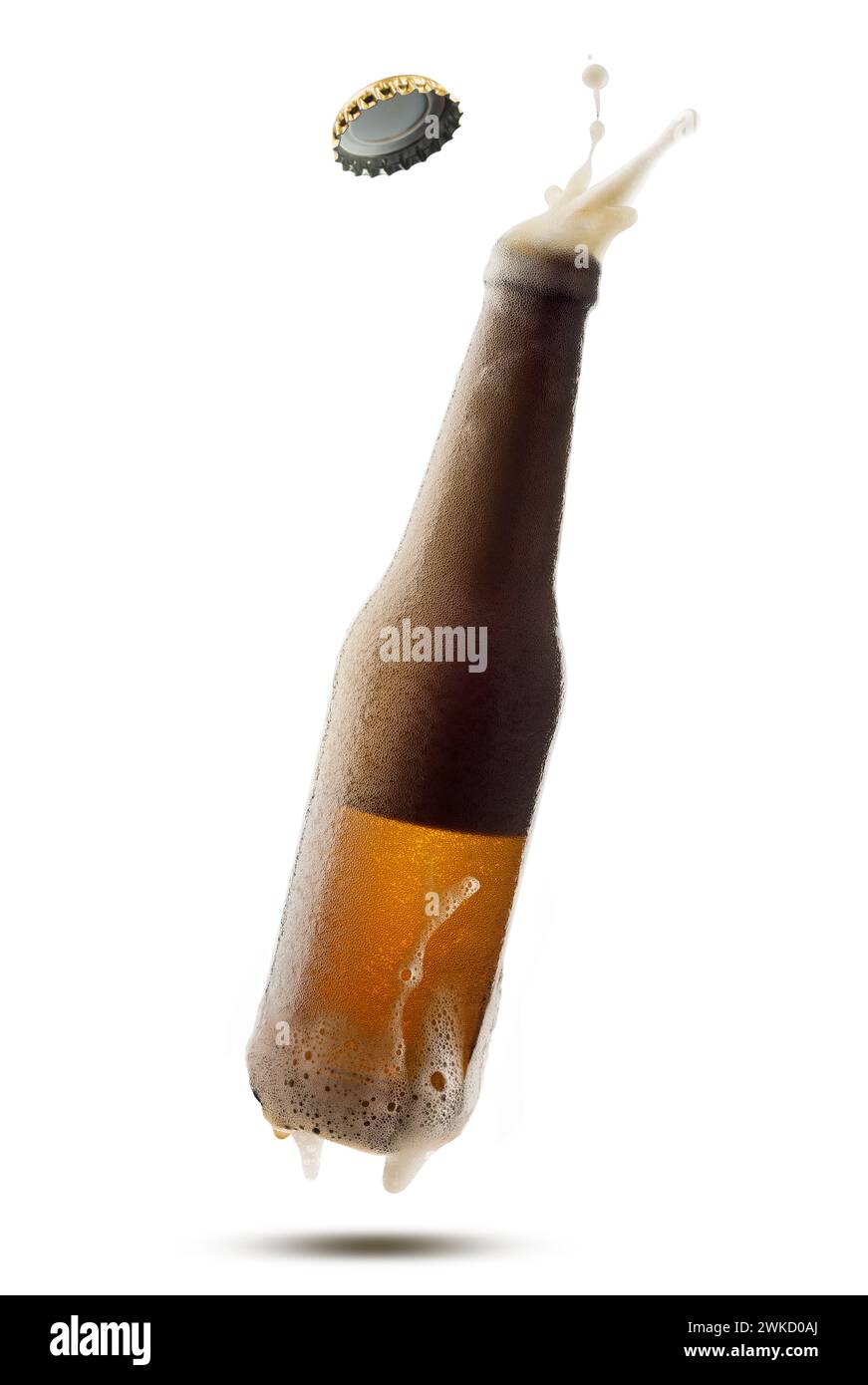 Bottle of beer jump and splash out foam, isolated on white background ...