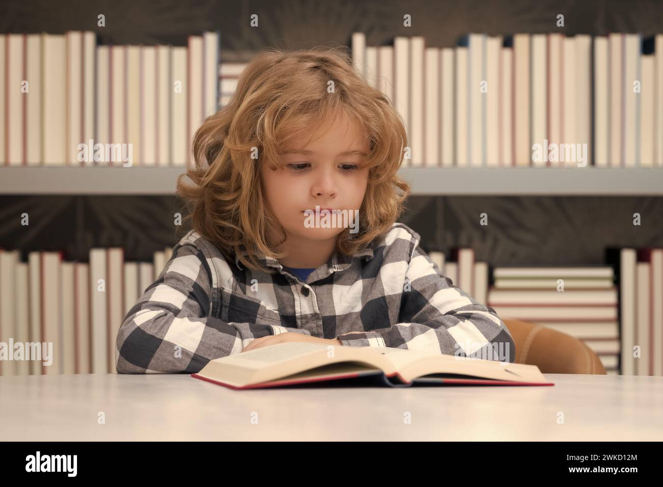 Education and school concept. Portrait of school boy reading book in ...