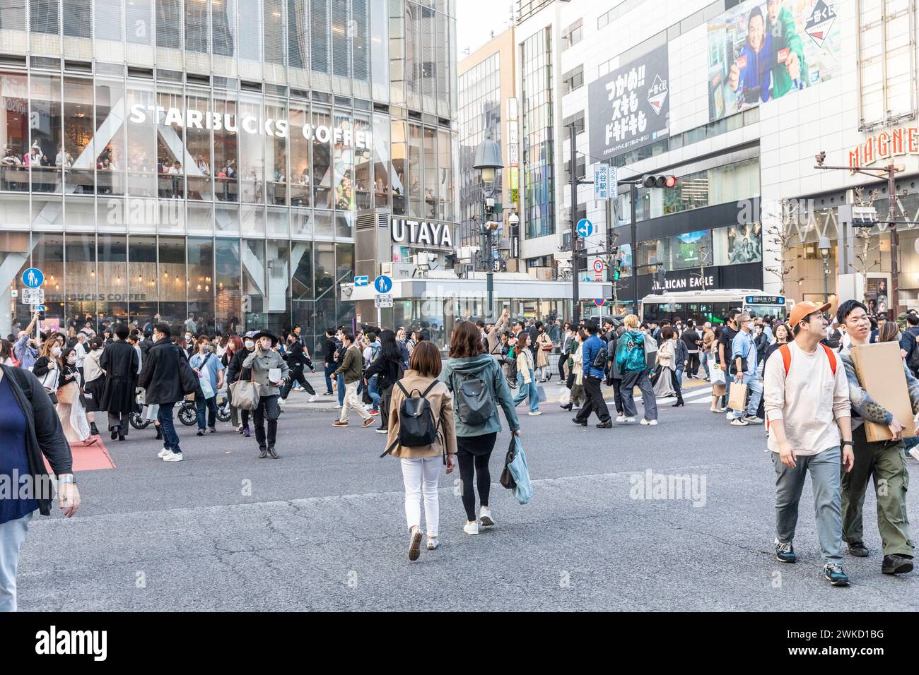 Shibuya Scramble crossing at Shibuya rail station, crowds at the ...