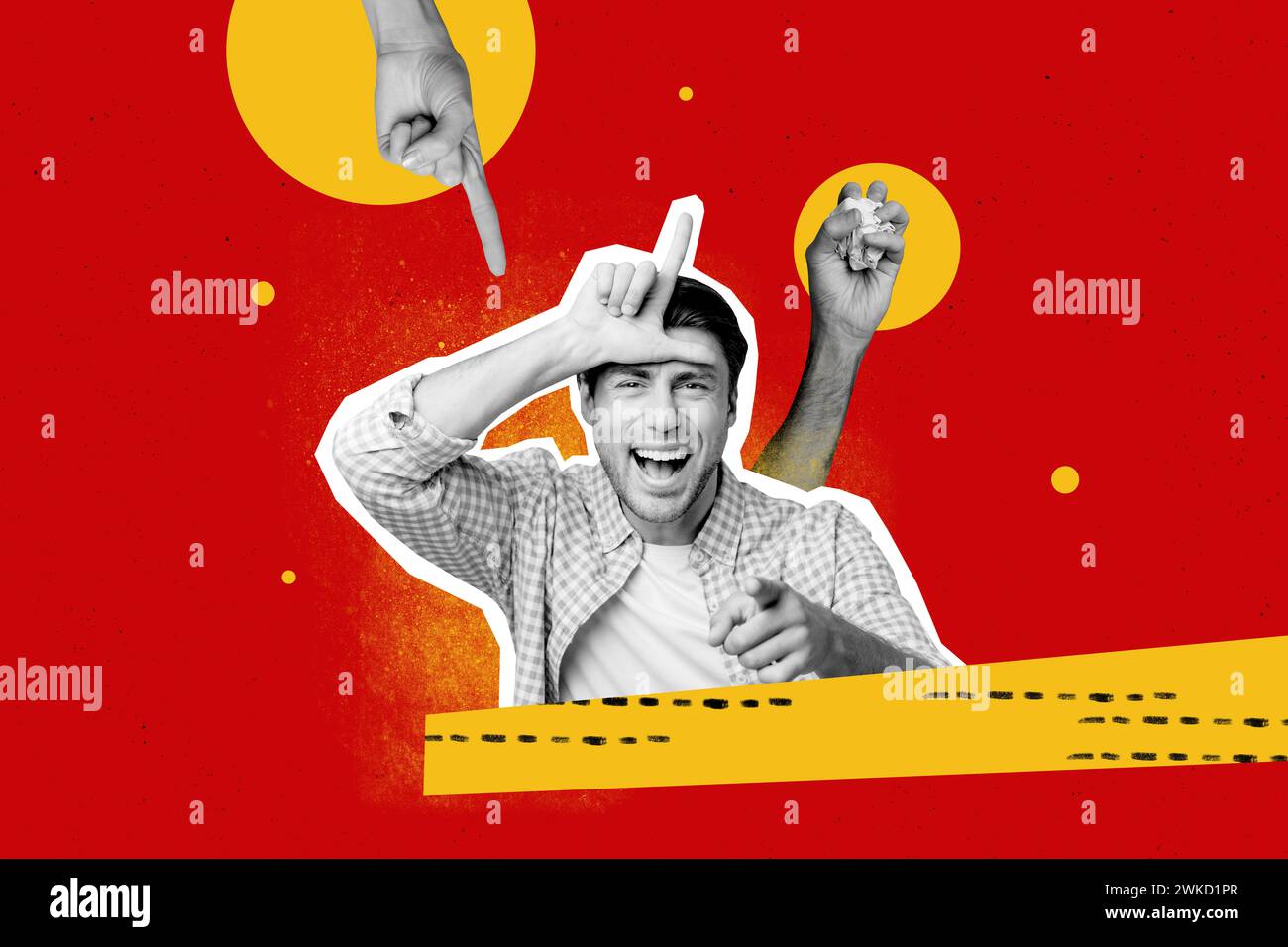 Photo collage artwork of young guy loser joking at you showing l sign ...