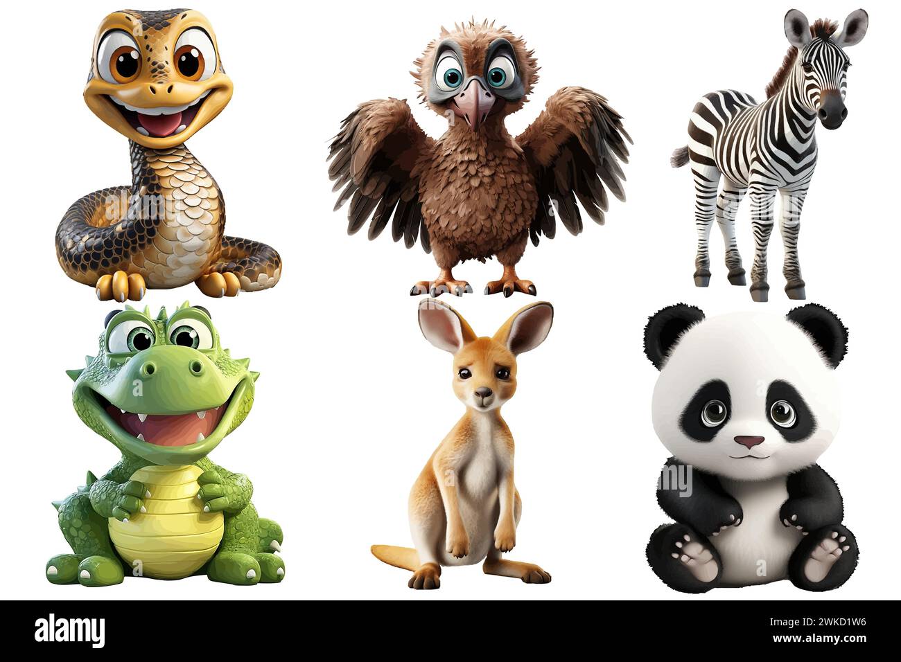 A set of 3d objects Zebra, kangaroo, panda, cobra, crocodile, vulture ...