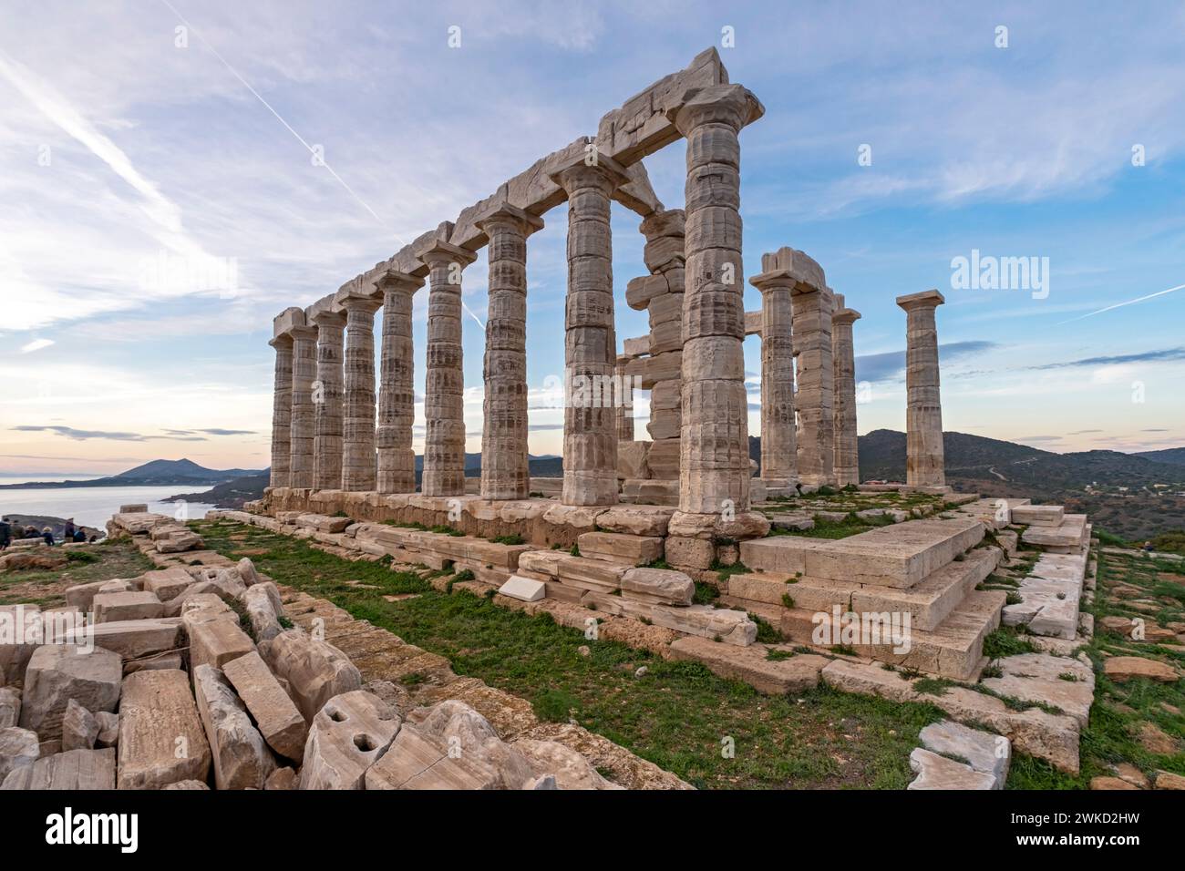 Ancient Temple of Poseidon at sunset, Cape Sounion, Greece Stock Photo ...