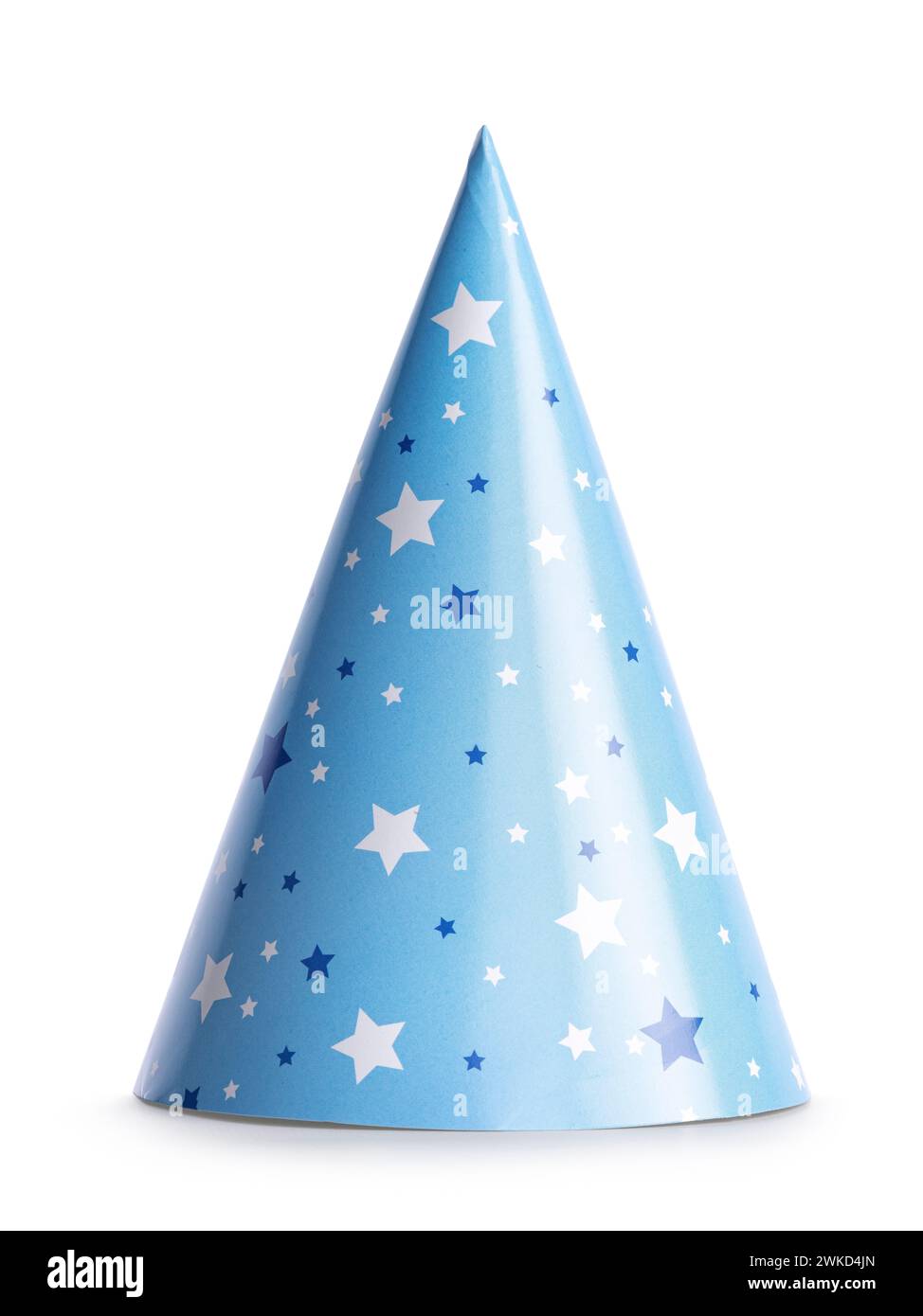 Blue paper party hat with star design, standing on solid white ...
