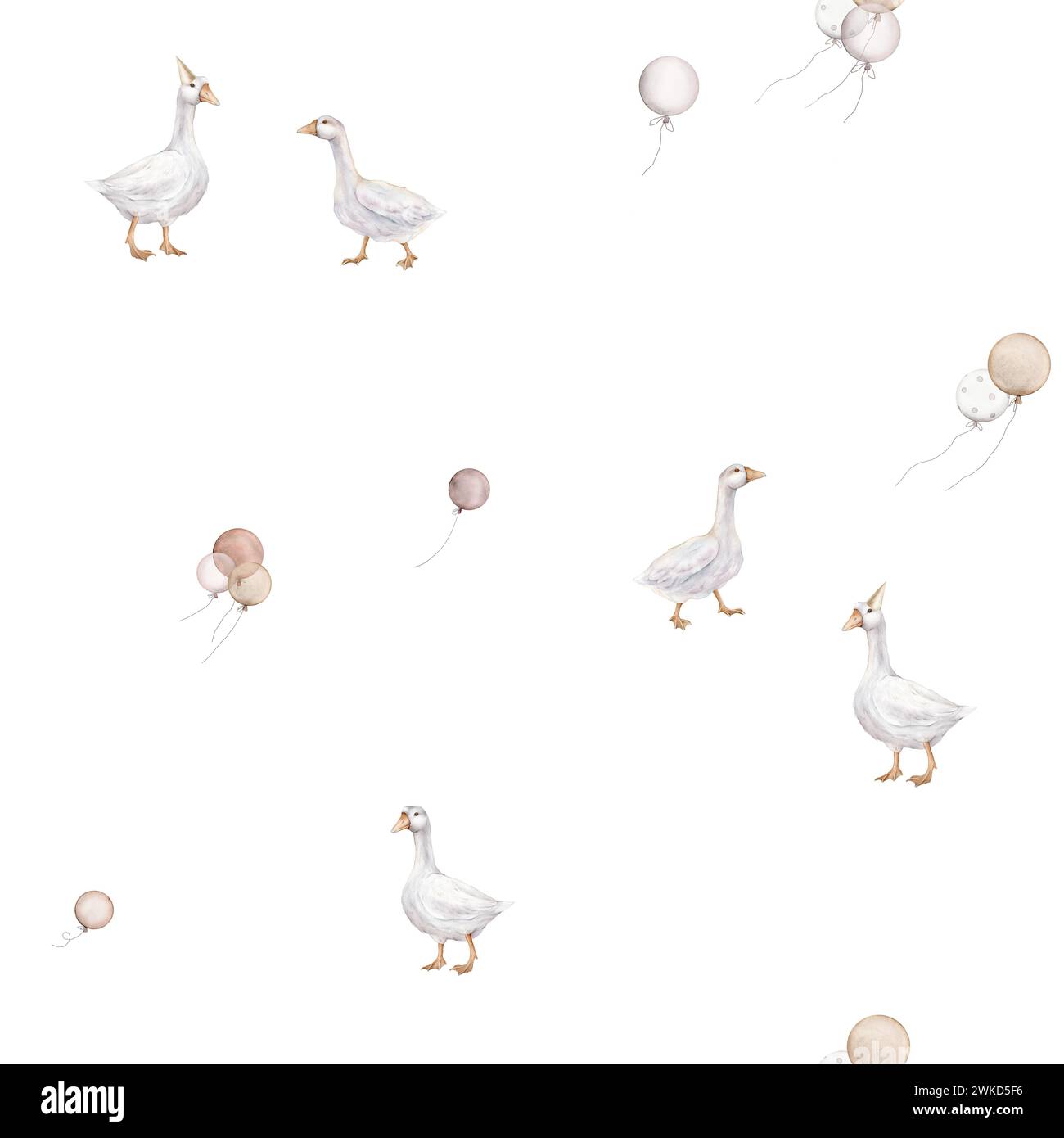 Pattern with Air Balloons and goose. Watercolor seamless background for ...