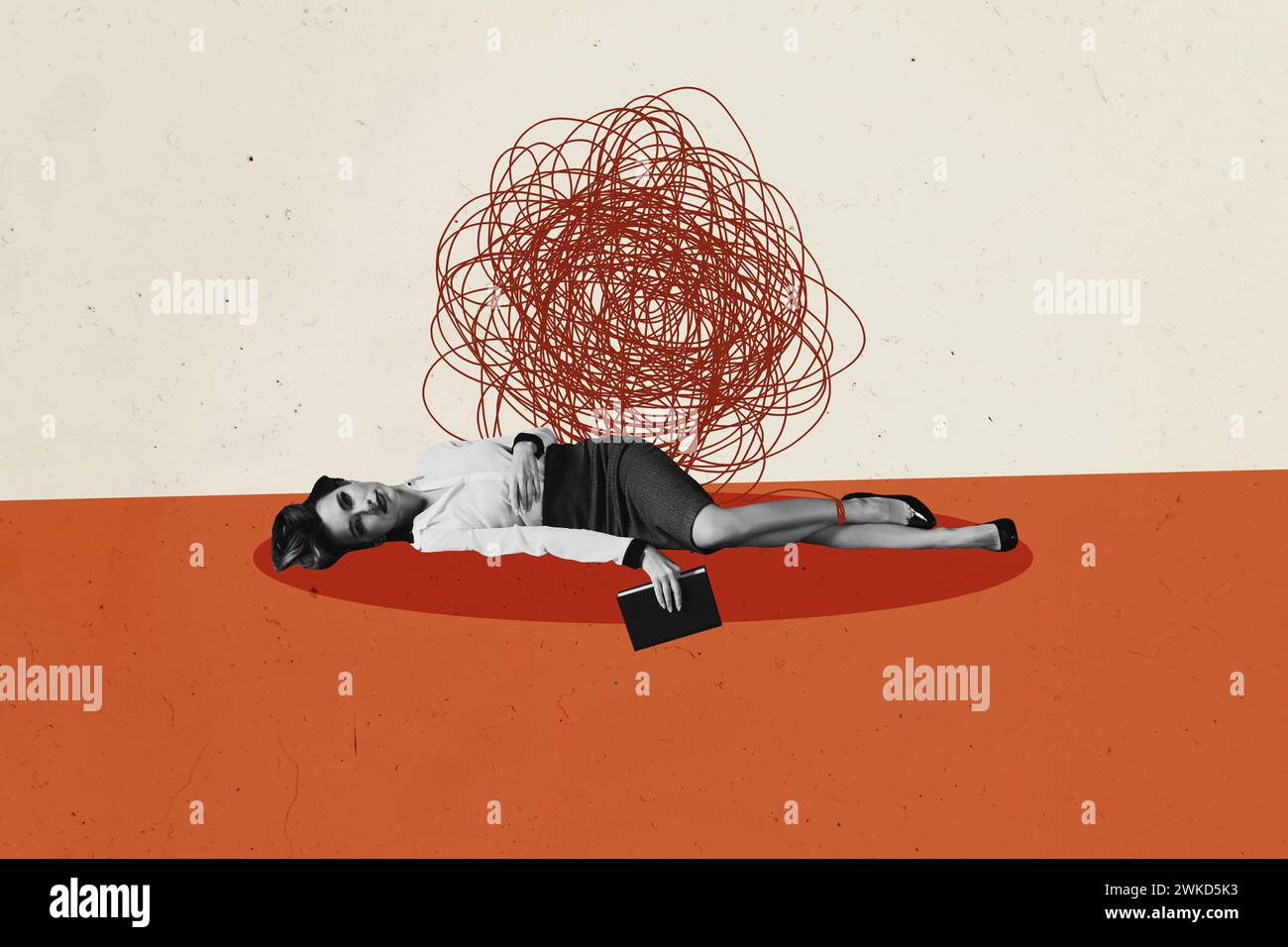 Collage picture illustration of corporate messy business woman stressed ...