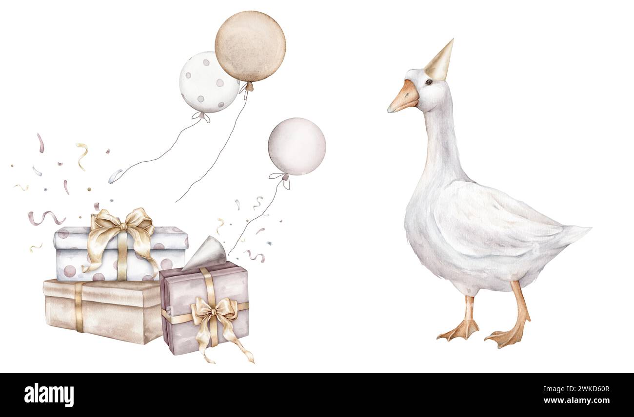 Watercolor gift boxes with gold bows and goose and balloon for birthday ...