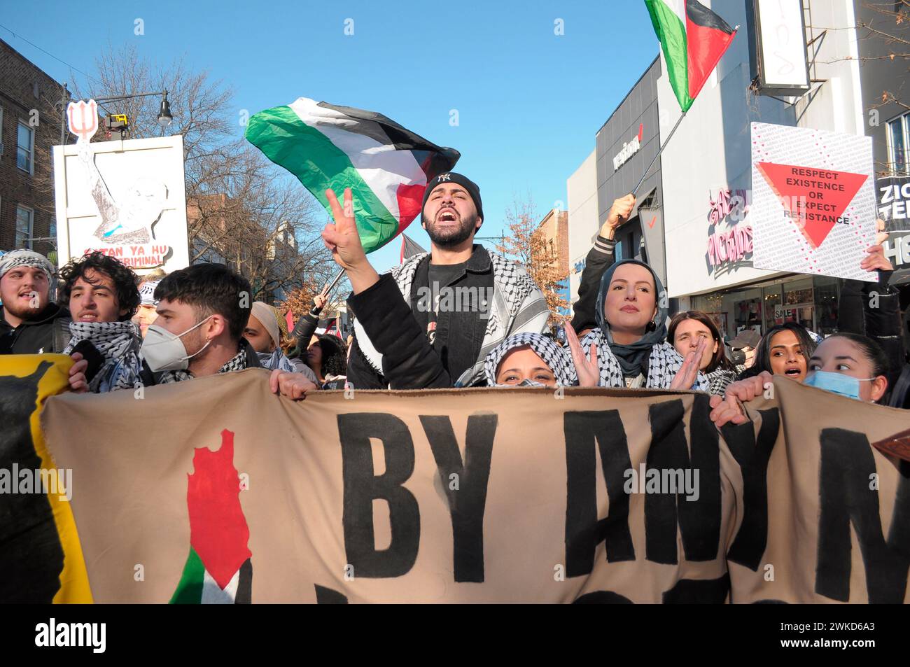 New York, USA. 19th Feb, 2024. Pro-Palestine demonstrators march waving ...