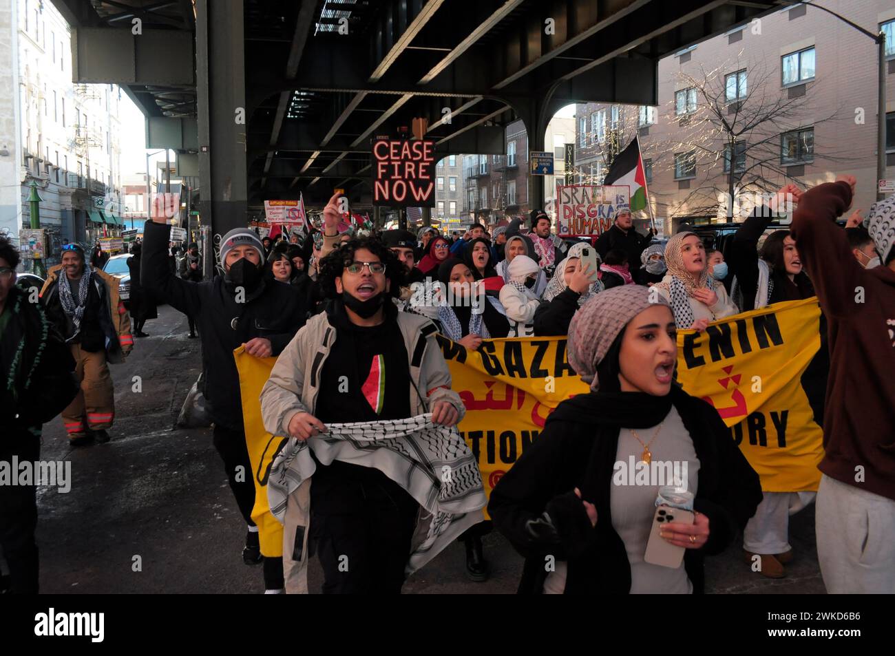 New York, USA. 19th Feb, 2024. Pro-Palestine demonstrators march waving ...