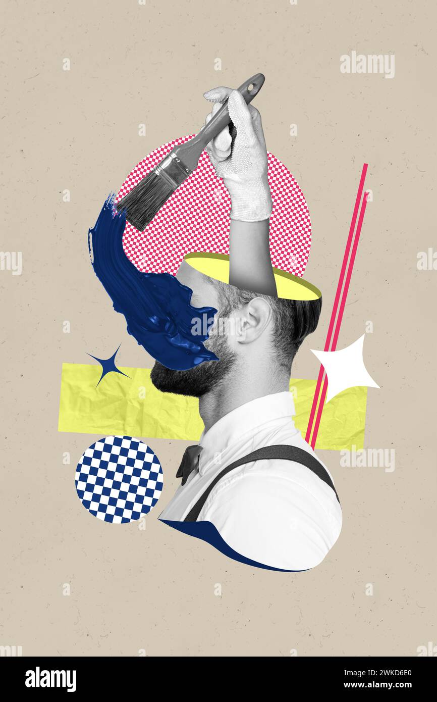 Vertical collage poster young man half head human arm hold paintbrush ...