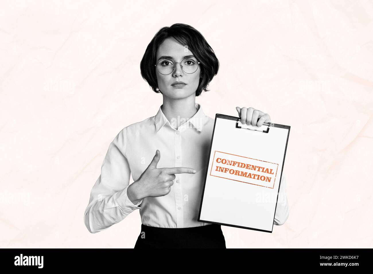 Composite image collage sketch of serious young lady point clipboard information confidential ...