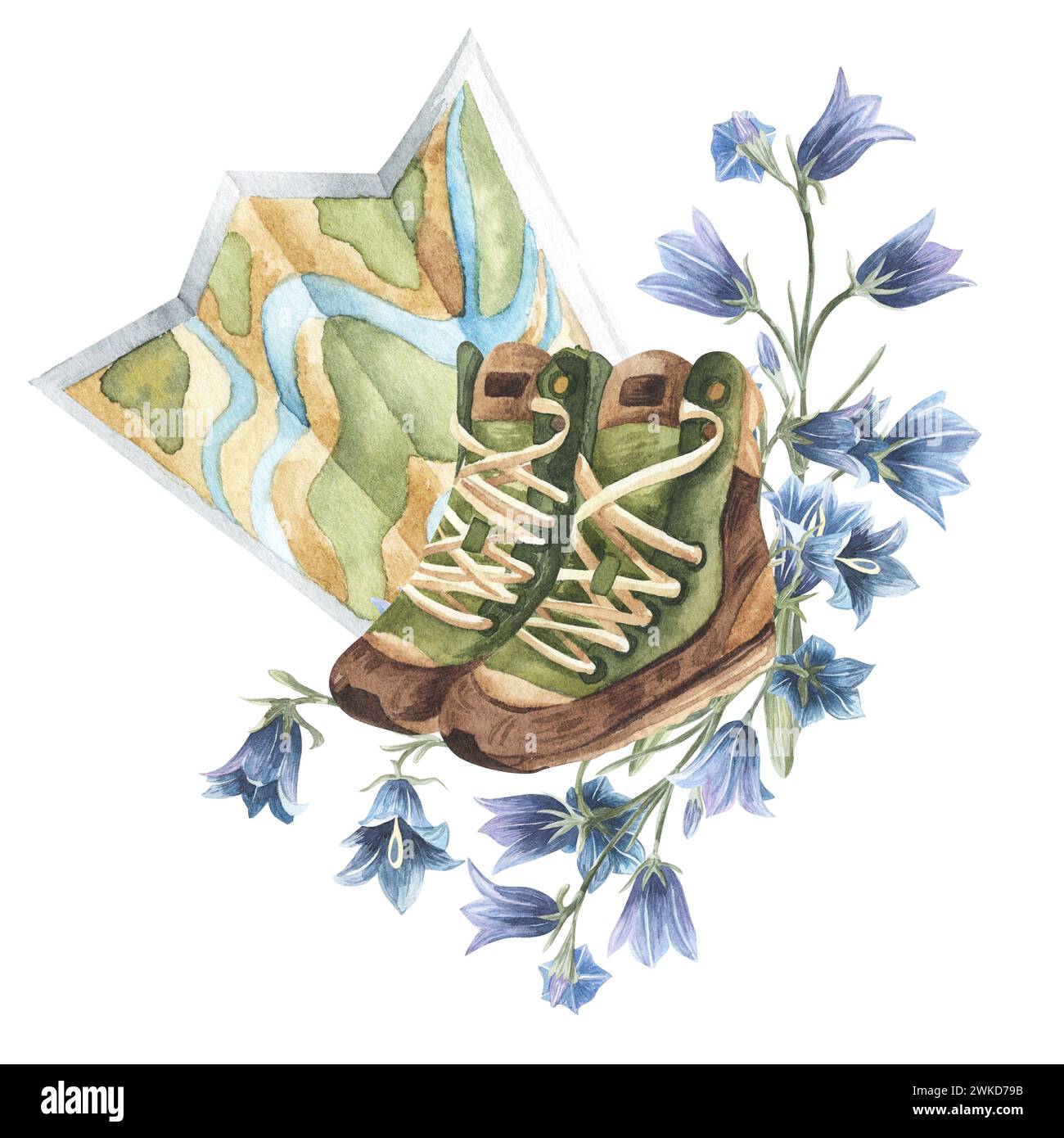 Forest leaves, bluebell,hiking boots, map illustration. Artistic ...