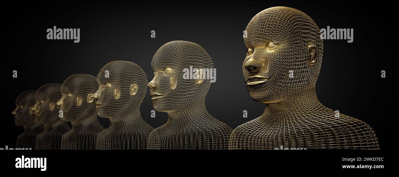 Many golden wireframe head shapes - 3D illustration Stock Photo - Alamy